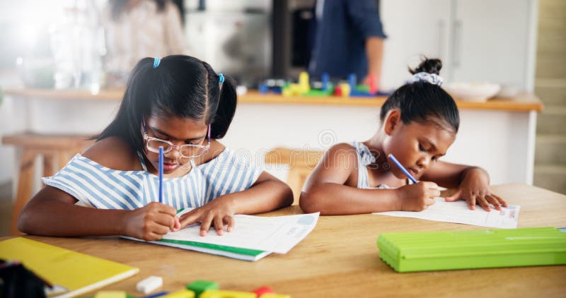 Education, Writing and Children with Homework in House for Learning ...