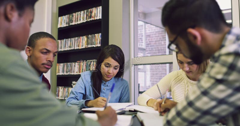 Education, Writing and College with Students in Library for Research ...
