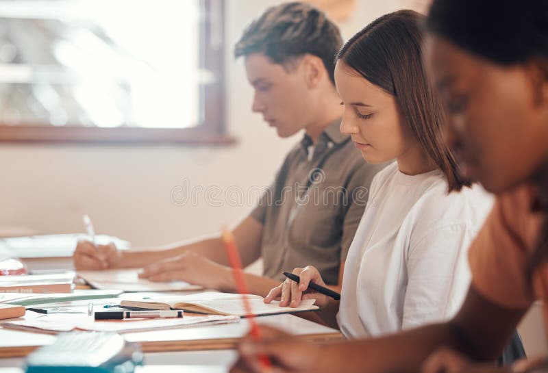 Education, Writing and Exam with Students in Classroom of College for ...