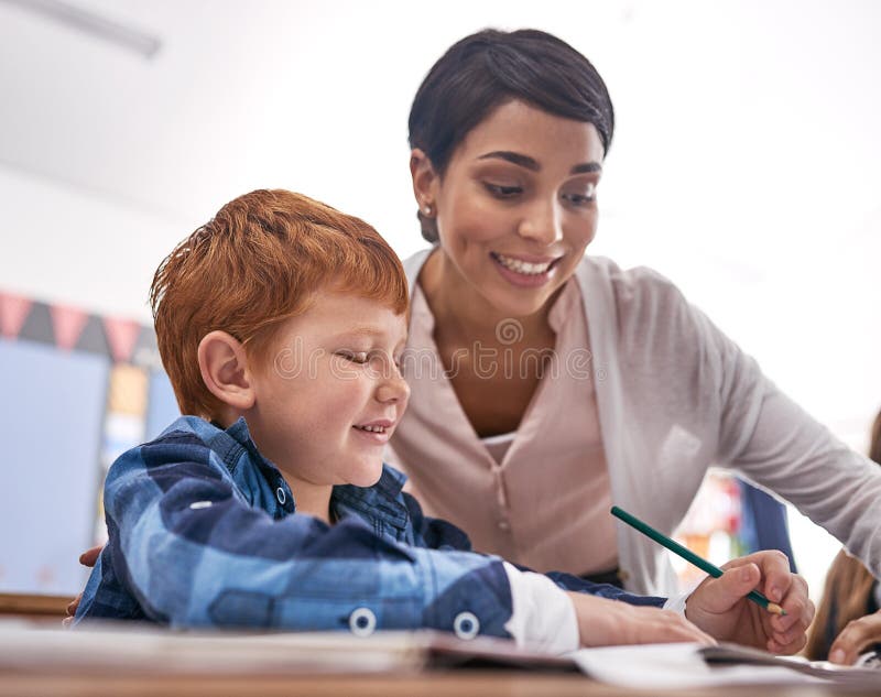 Education, Writing and Teacher with Student in Classroom for Learning ...