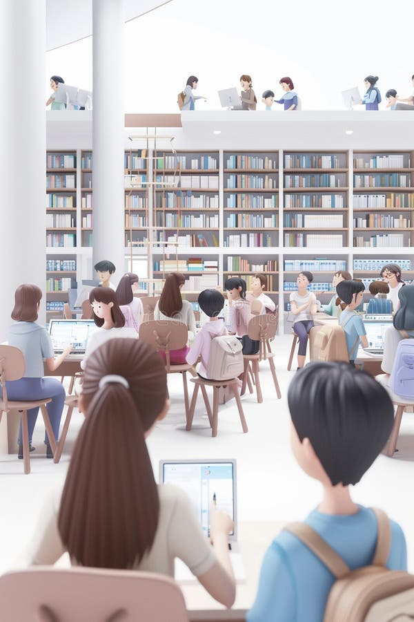 Educational Advancements in a Modern Library, Students Engaged with ...