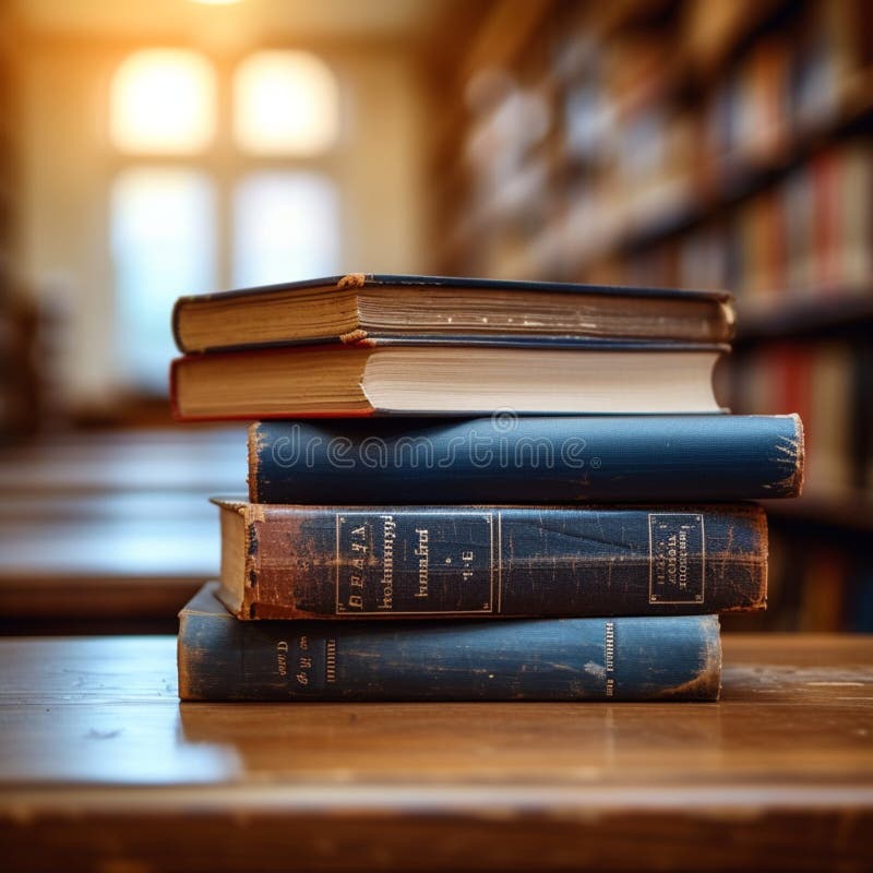 Educational Ambiance Book Stack in Library, Table, and Learning Stock ...