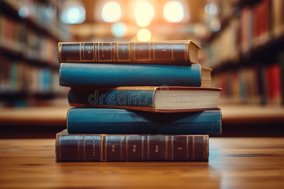 Educational Ambiance Book Stack in Library, Table, and Learning Stock ...
