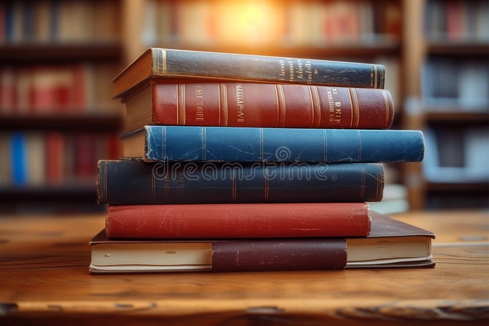 Educational Ambiance Book Stack in Library, Table, and Learning Stock ...