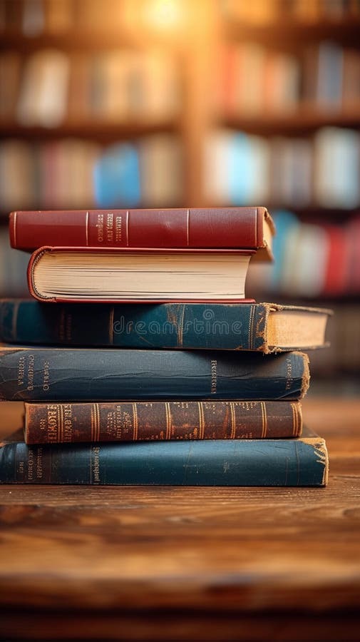 Educational Ambiance Book Stack in Library, Table, and Learning Stock ...