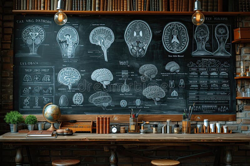 Educational Anatomy Chalkboard with Detailed Brain Sketches. Stock ...