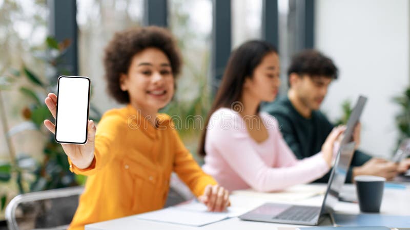 Educational App. Happy Latin Lady Student Showing Cellphone with Blank ...
