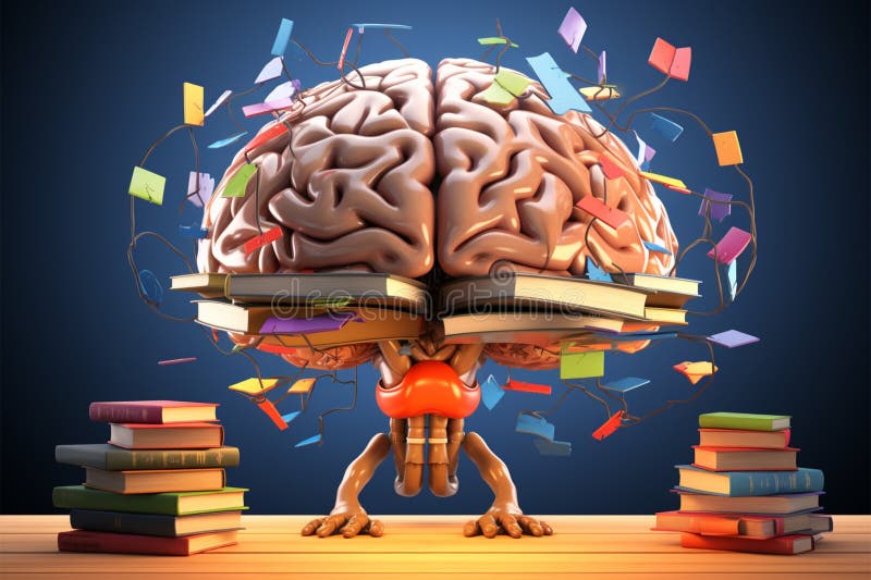 Educational Cartoon Brain Surrounded by an Array of Enlightening Books ...