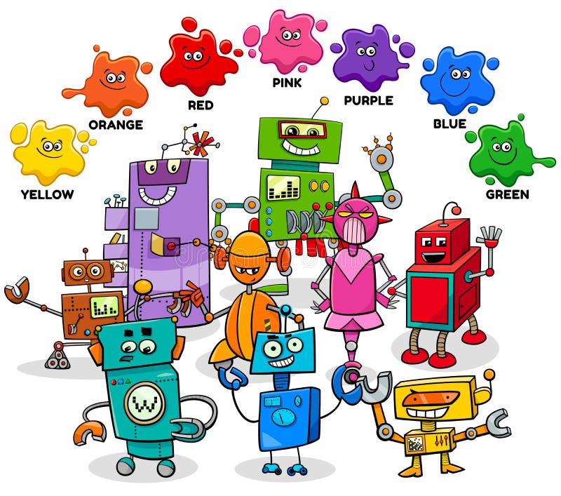 Basic Colors with Cartoon Robot Characters Group Stock Vector ...