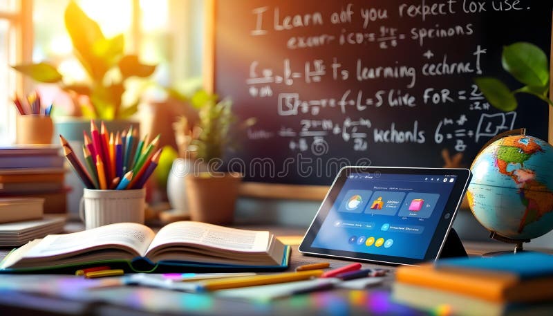 Educational Classroom with Books Globe and Digital Tablet for Modern ...