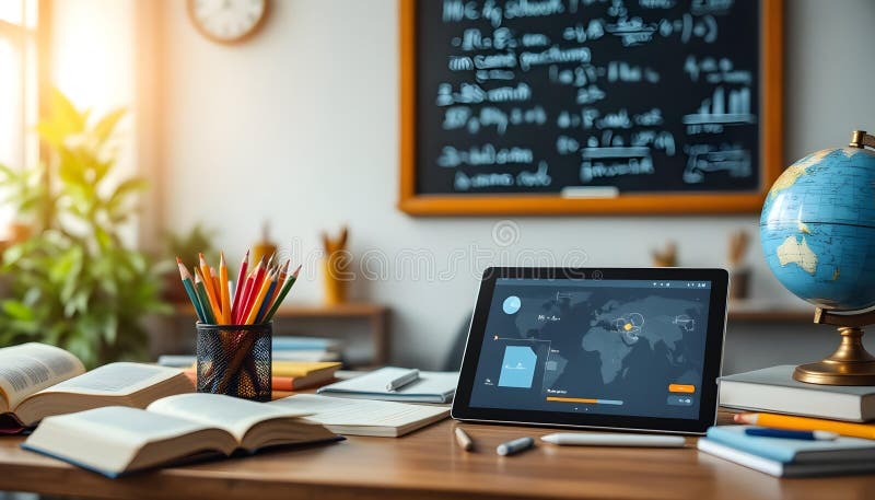 Educational Classroom with Books Globe and Digital Tablet for Modern Learning Stock Illustration ...