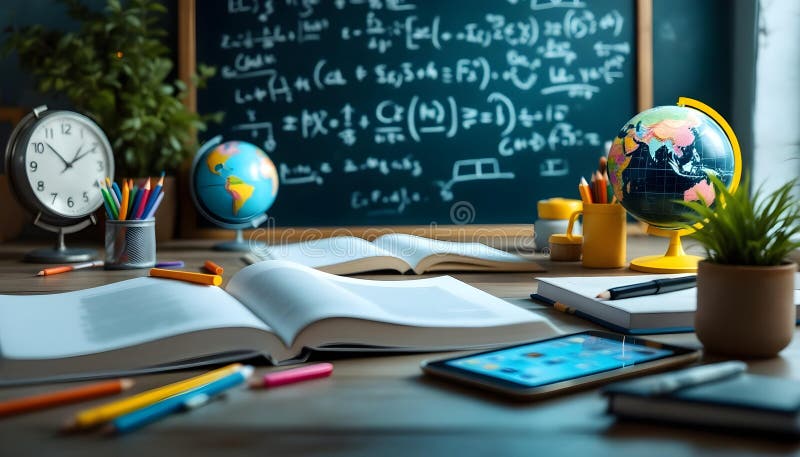 Educational Classroom with Books Globe and Digital Tablet for Modern Learning Stock Illustration ...