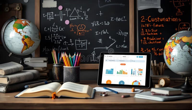 Educational Classroom with Books Globe and Digital Tablet for Modern ...