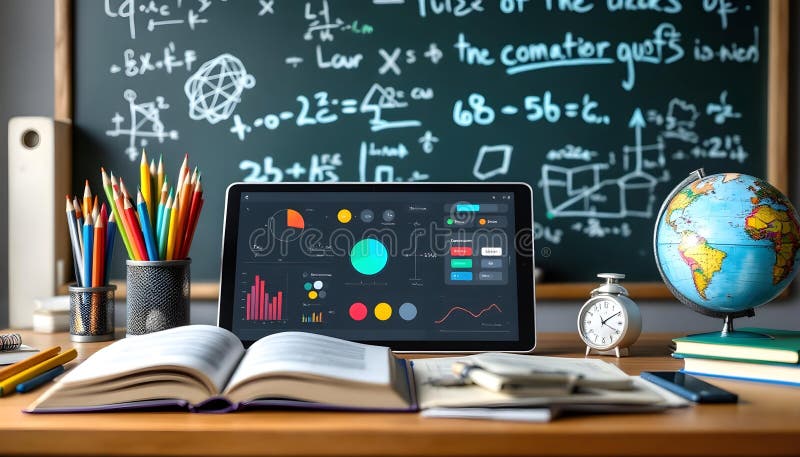 Educational Classroom with Books Globe and Digital Tablet for Modern ...