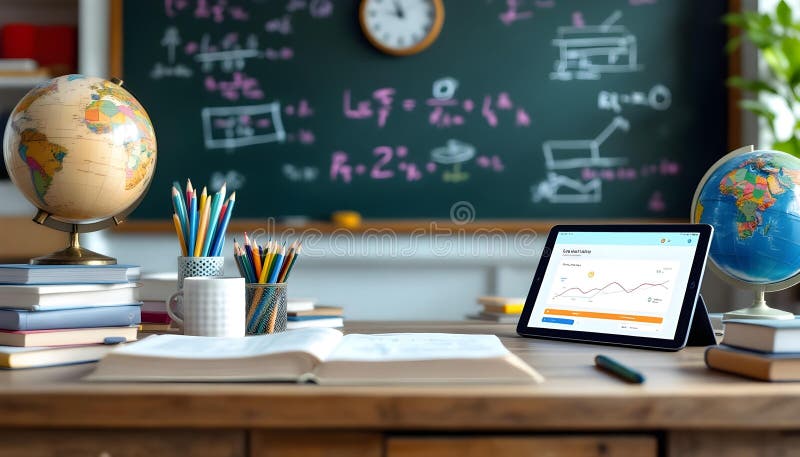 Educational Classroom with Books Globe and Digital Tablet for Modern Learning Stock Illustration ...
