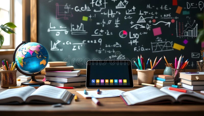 Educational Classroom with Books Globe and Digital Tablet for Modern Learning Stock Illustration ...
