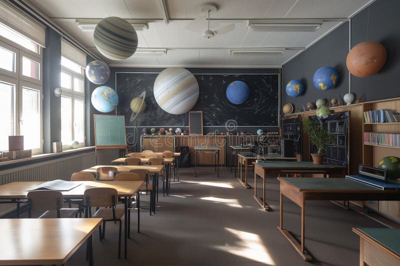 Educational Classroom with Planetary Models Stock Illustration ...