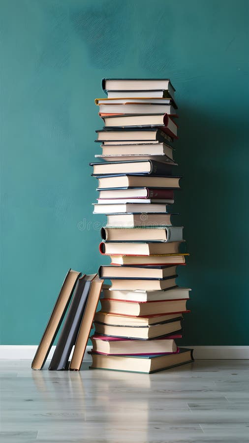 Tall Stack of Books Against Teal Wall, Academic Importance, Minimalist ...