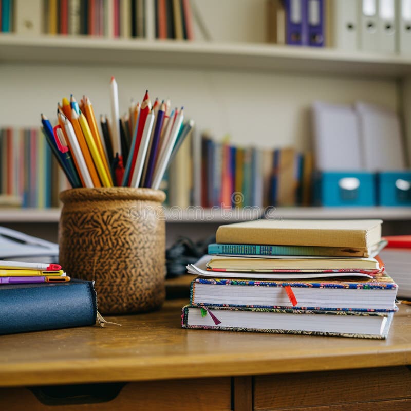 Educational Essentials Empty Desk with School Supplies and Book Stack ...