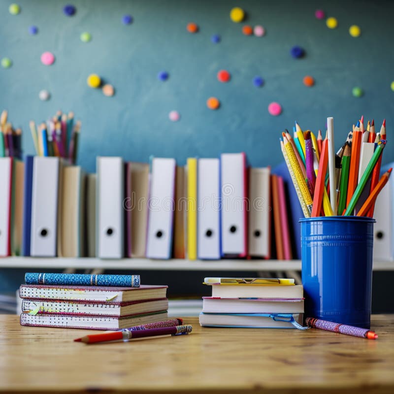 Educational Essentials Empty Desk with School Supplies and Book Stack ...