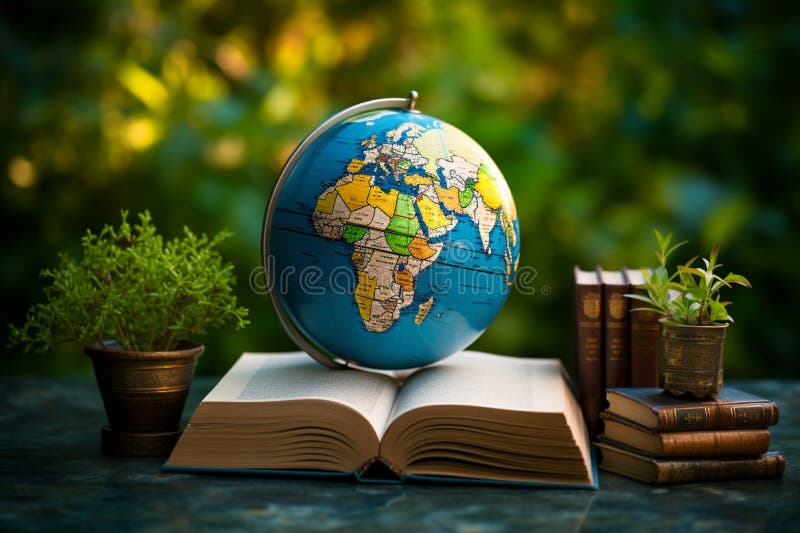 Educational Exploration Earth Globe Surrounded by a Collection of Books ...