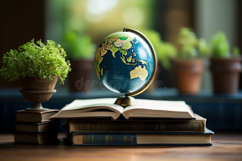 Educational Exploration Earth Globe Surrounded by a Collection of Books ...