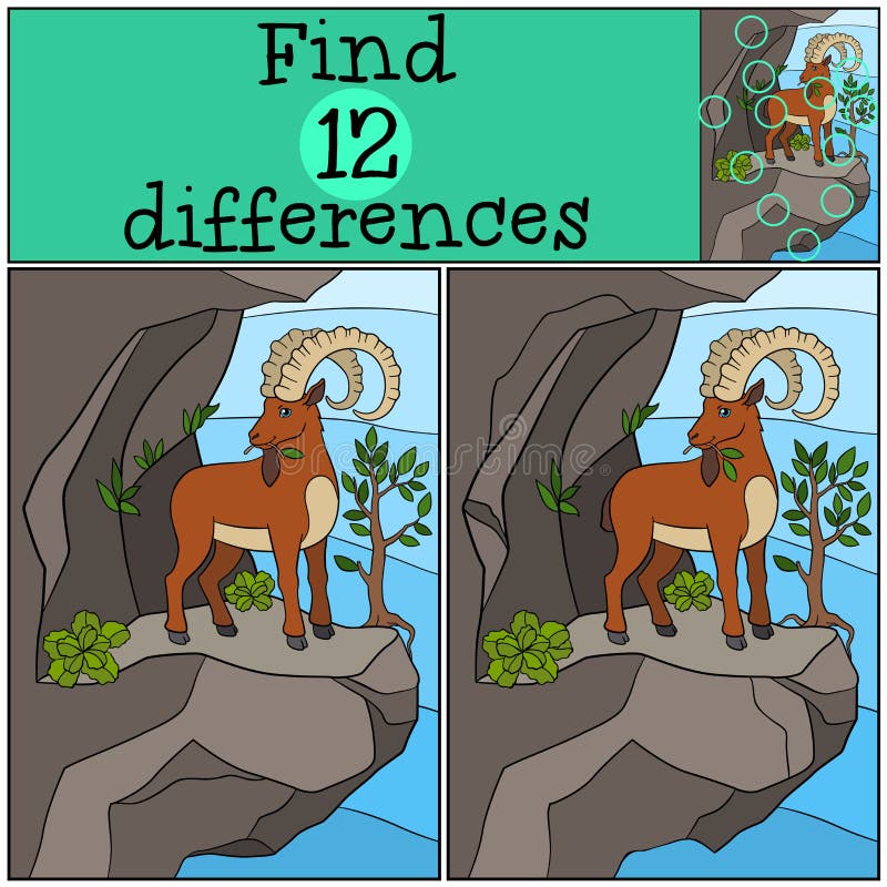 Educational Game: Find Differences. Cute Ibex with Great Horns. Stock ...