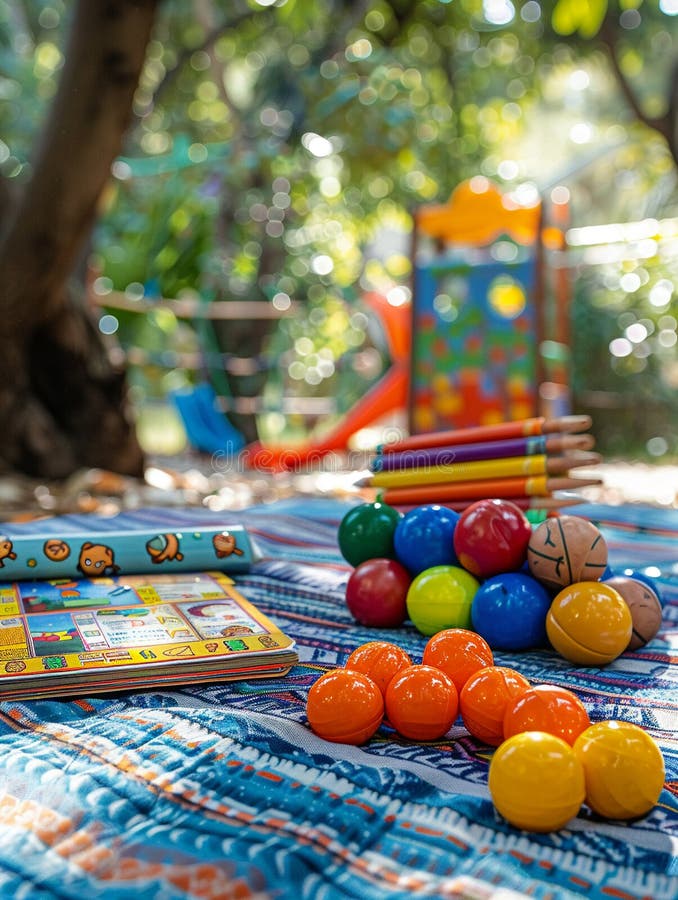 Educational Games Spread Out on a Blanket, Back To School Picnic, Close ...