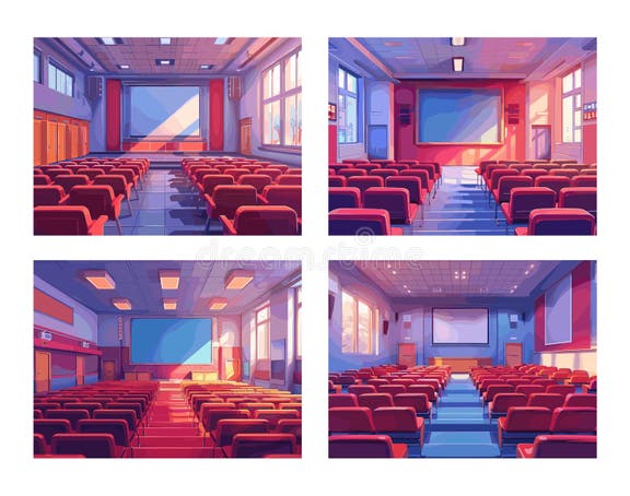 Educational Hall Cartoon Vector Scenes. Chairs Rows Seats Screen ...