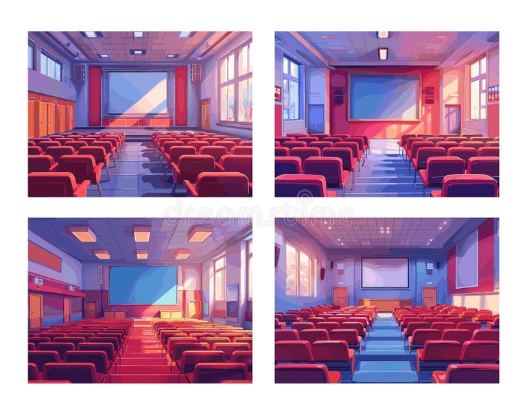 Educational Hall Cartoon Vector Scenes. Chairs Rows Seats Screen ...
