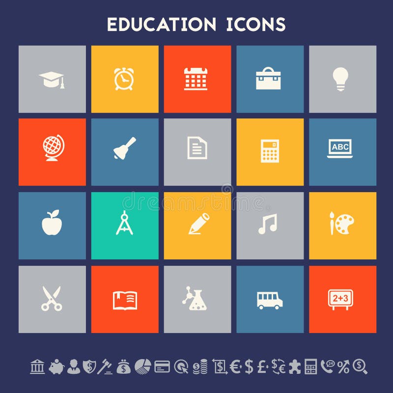 Educational Icon Set. Multicolored Square Flat Buttons Stock Vector ...