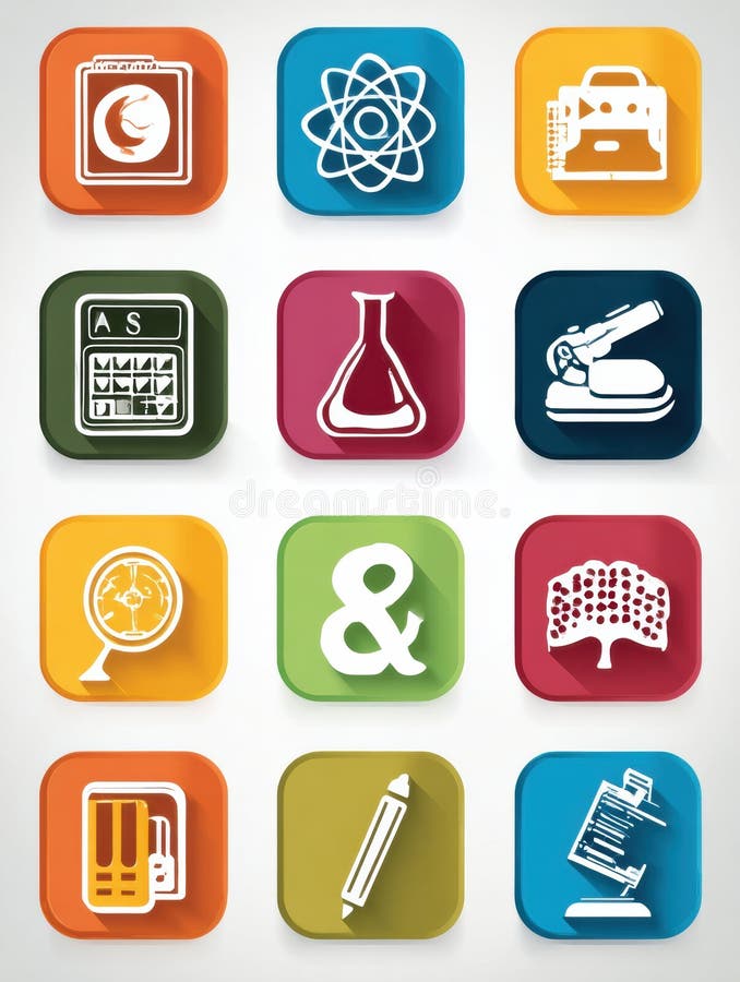 Educational Icons Representing Subjects Such As Math, Science, Art, and ...