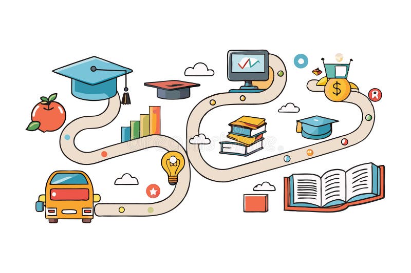 Educational Journey Path Illustration Featuring Books, Graduation Caps ...