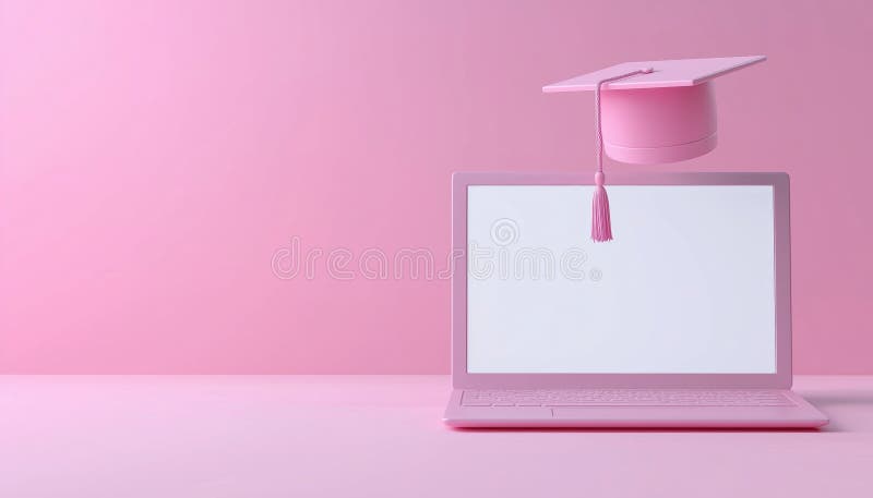 Educational Laptop Mockup Featuring Graduation Cap and Book Floating on ...
