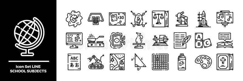 Educational Line Icon Set Representing Various School Subjects and ...