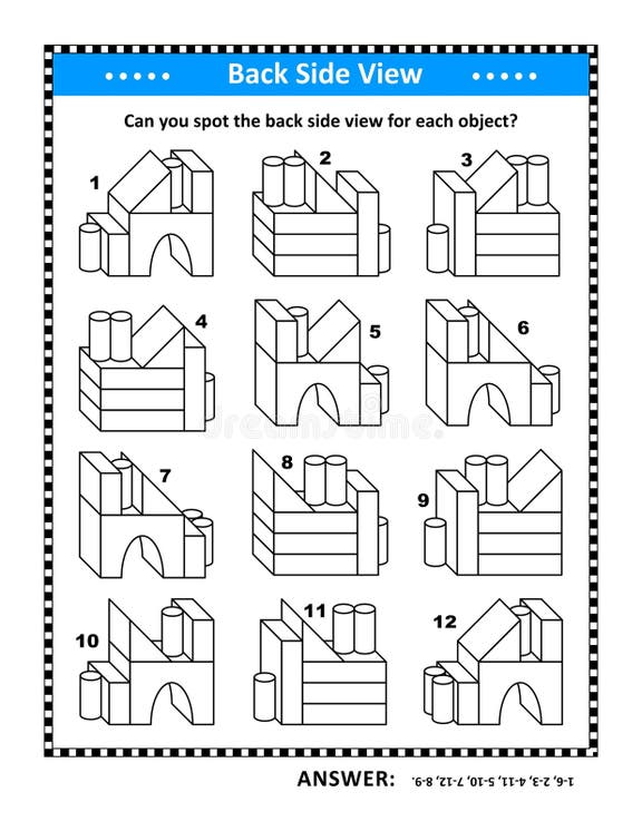 Educational Math Puzzle with Building Blocks Objects. Black and White ...