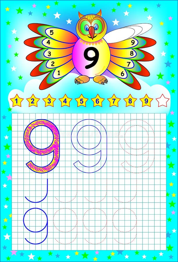 Educational Page for Children on a Square Paper with Number Nine. Stock ...