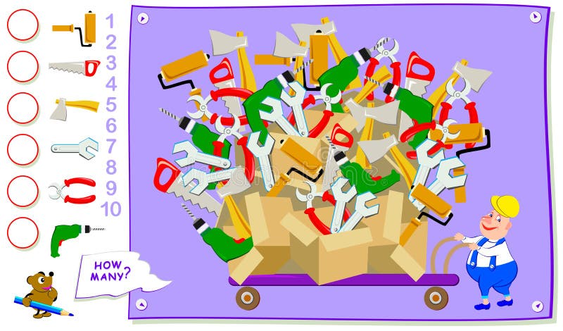 Educational Page for Kids. How Many Times of Each Tool the Worker Has ...