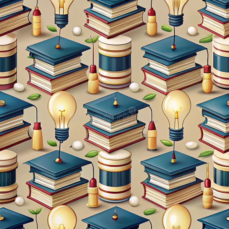 Educational Pattern Featuring Books, Graduation Caps, Light Bulbs, and ...