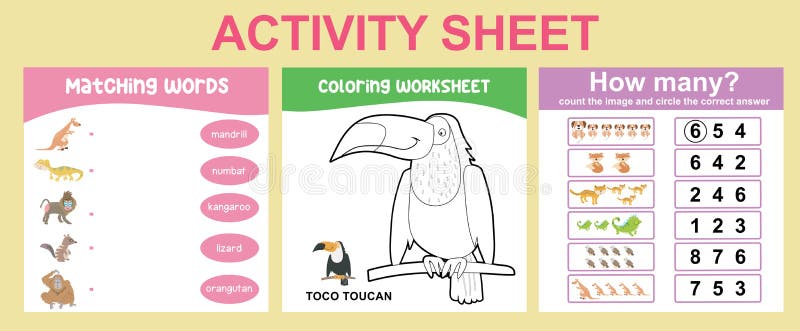 Activity Sheet for Children with Animal Theme. Coloring Sheet, Matching ...