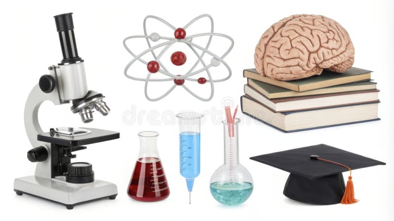 Educational Science Still Life Showing Atom Model, Microscope, Brain on ...