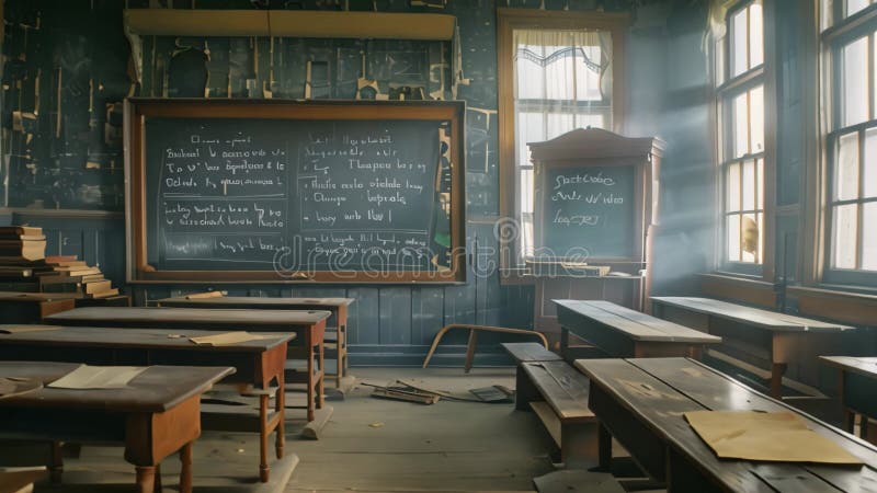 An Educational Setting with Traditional Wooden Desks Arranged Facing a ...