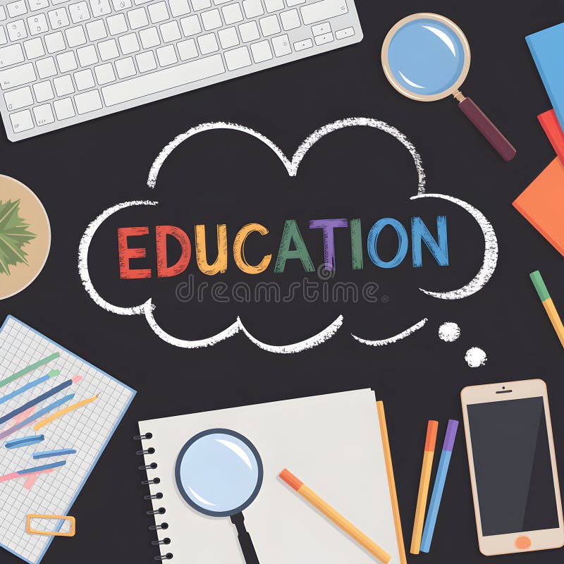 Educational Setup on a Desk, with Cloud Labeled EDUCATION, Arranged ...
