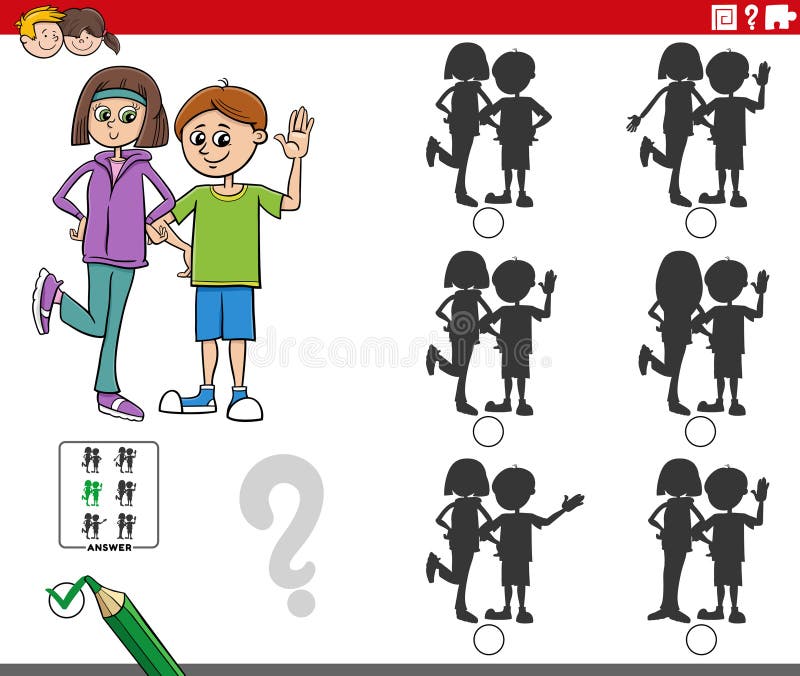 Educational Shadows Activity with Girl and Boy Coloring Page Stock ...