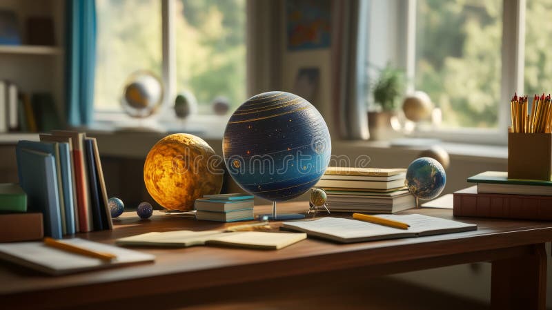 Educational Solar System Model on a School Desk Surrounded by Books ...