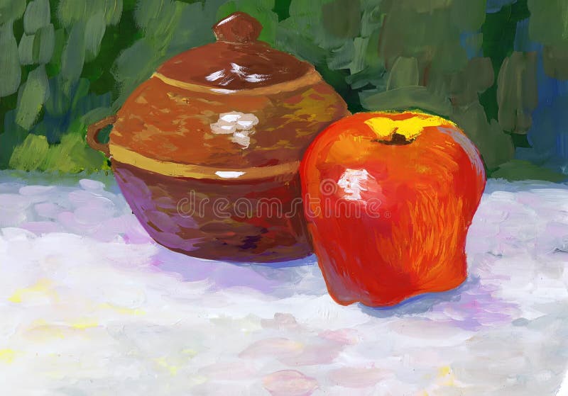Educational Still Life `Clay Pot and Red Apple.` Painting Stock Photo ...