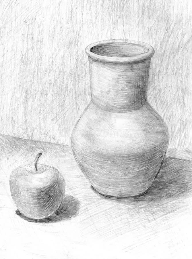 Educational Still Life `Krynka and Apple.` Children`s Drawing Stock ...