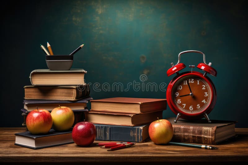 An Educational Still Life, Ready for Learning with Desk Clock and Books ...