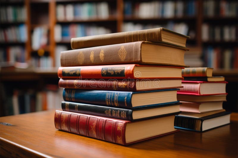 Educational Tableau Stacked Books, Blurred Library Bookshelves, Study ... Educational Tableau Stacked Books, Blurred Library Bookshelves, Study ...
