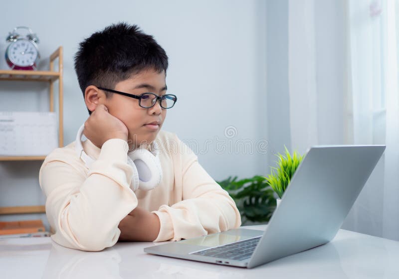 Educational of Tech Concept, Staying at Home, Little Asian Boy Student ...